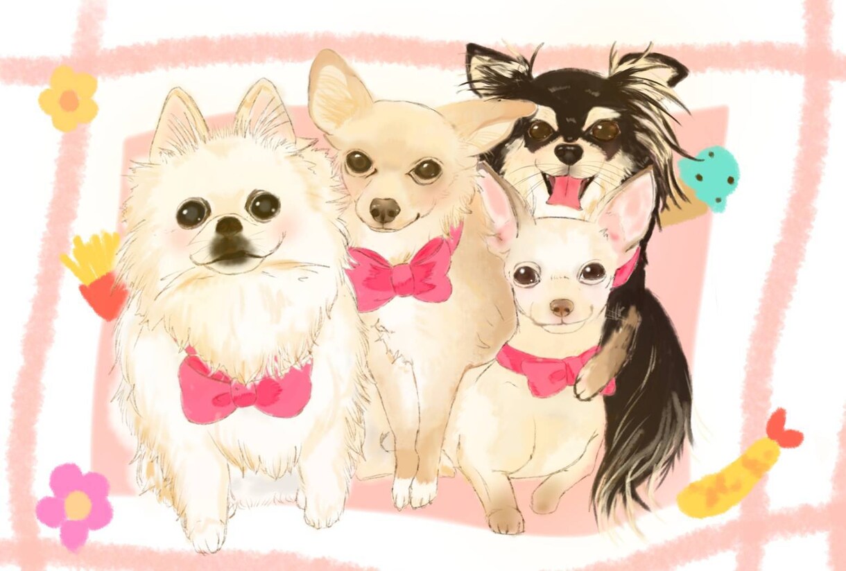 お家のペットたちの似顔絵イラストを描きます わんちゃん、ねこちゃん、鳥ちゃん、爬虫類なんでも描きます！