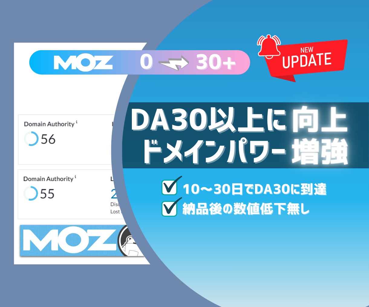 あなたのサイトをMozのDA30以上にします 【数値到達保証有】納品後の数値低下無し