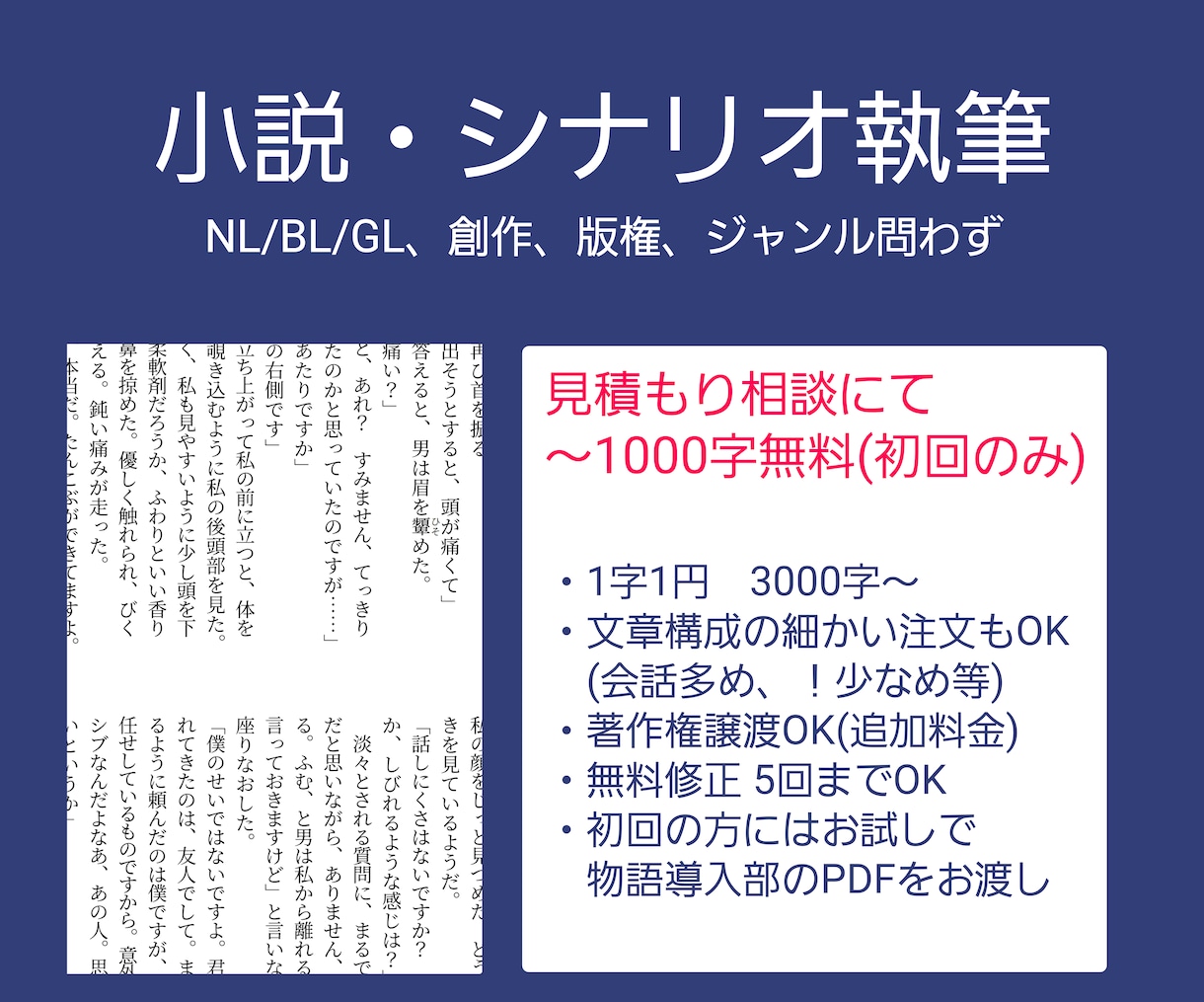 お試し1000字無料！あなた専用の小説を書きます NL/BL/GL、創作、版権なんでもご要望にお応えします！ | 小説・シナリオ・出版物の作成 | ココナラ
