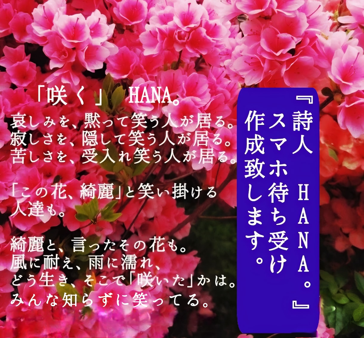詩人『HANA。』の詩で、スマホ待ち受けお作ります 言葉の花束をあなたに…。優しい気持ちになれる待ち受け提供♡