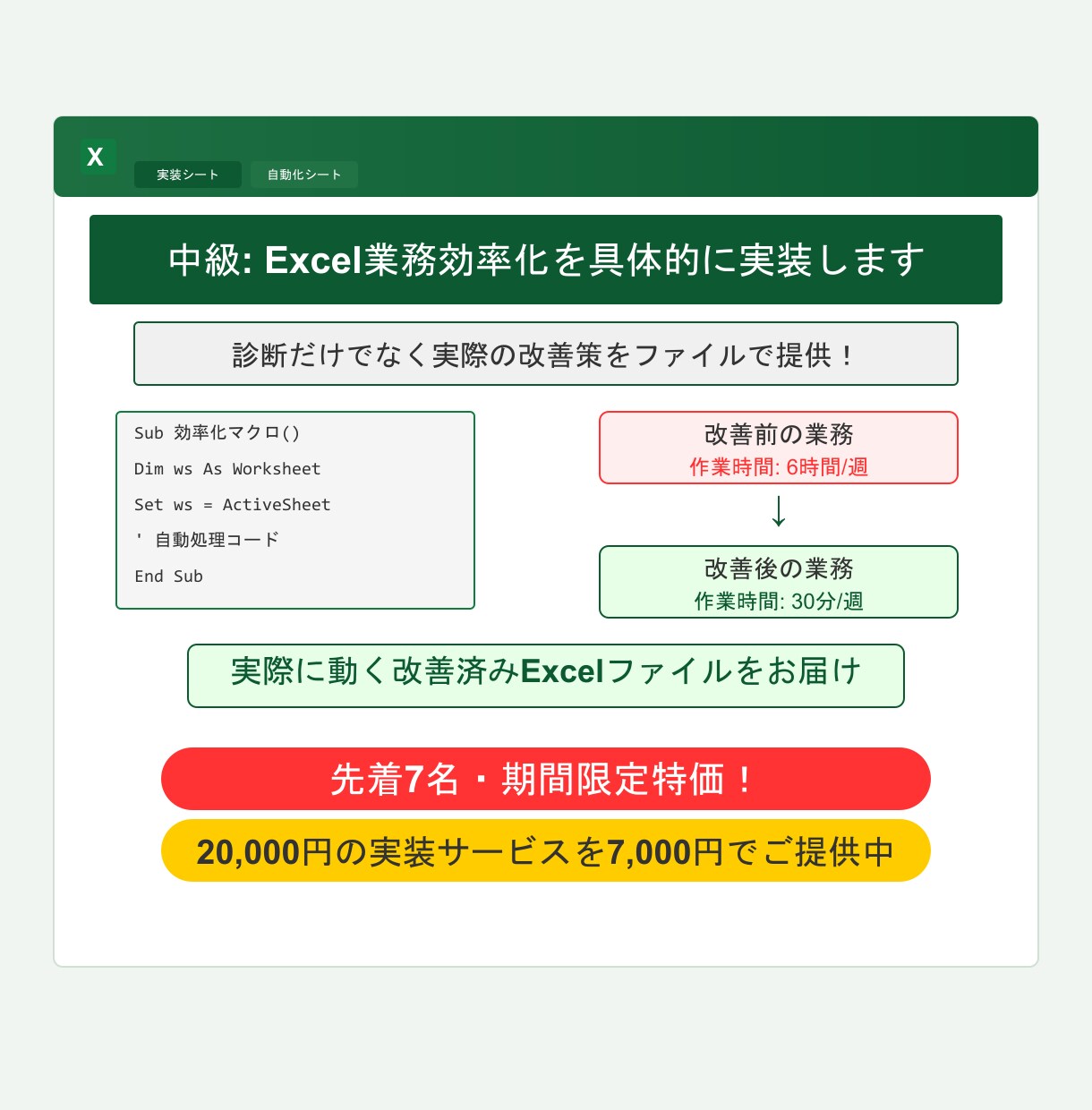 中級:Excel業務効率化を具体的に実装します 診断だけでなく実際の改善策をファイルで提供！
